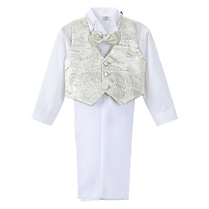 Dressy Daisy Baby Boys Classic Tuxedo White Suit 5 Pcs Set Formal Dress Wear Wedding Outfit with Jacquard Vest Size 18-24 Months