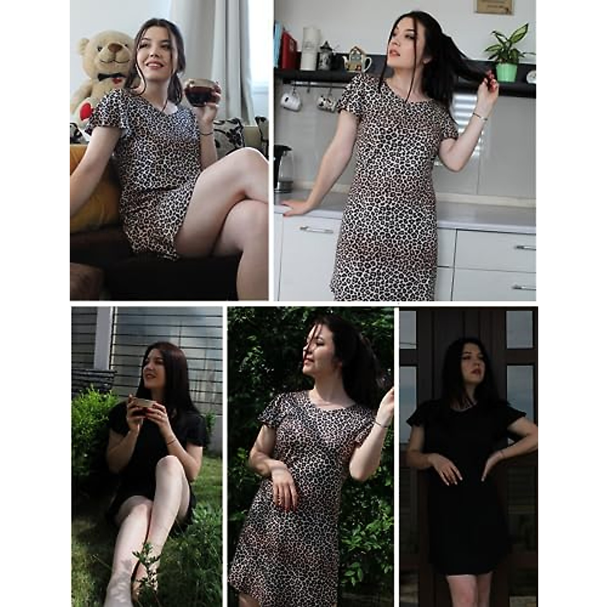 Ekouaer 2 Pack Nightgowns for Women Loose Night Shirt Comfy Sleepwear Ladies Soft Loungewear Black and Leopard XL