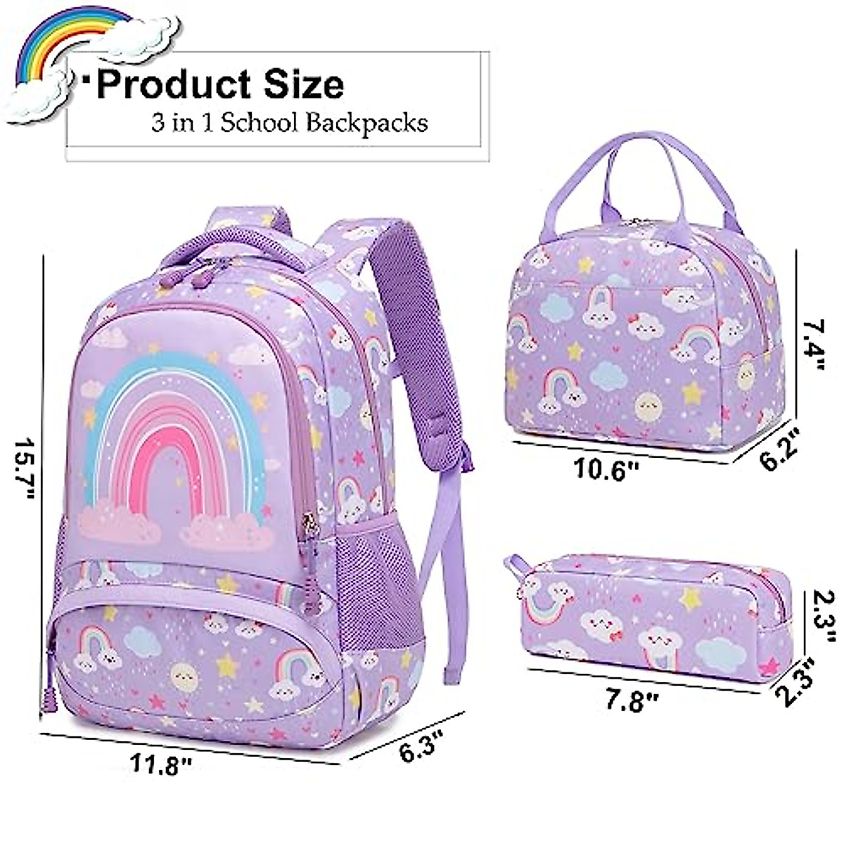 Girls Backpack for Elementary Rainbow Backpack 3 in 1 School Bookbag with Lunch Bag Pencil Case Purple Back to School