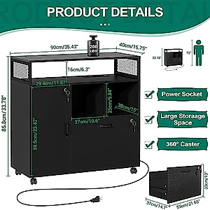 Tcpuolr Lateral File Cabinet with Charging Station, File Cabinet with Lock, Cabinets for Home Office, Mobile Filing Cabinet with Drawer, Printer Stand for A4, Letter Size and File Folders