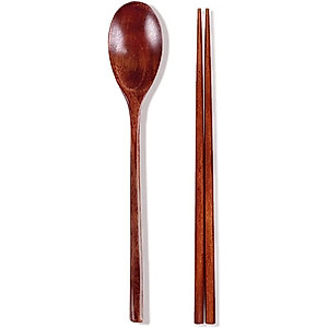 Ecloud Shop Wooden Chopsticks Spoon Set Korean Dinnerware Reusable Long Handle Spoons Chopsticks for Home Kitchen Restaurant (4 Sets)