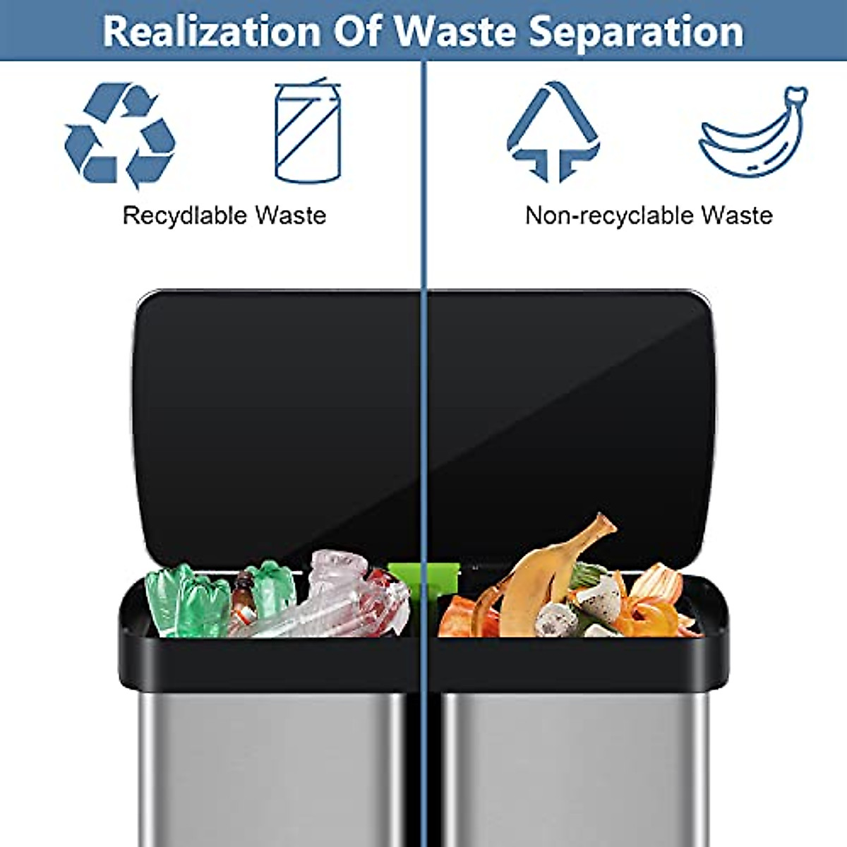 16 Gallon/ 60L Kitchen Dual Step Trash Can Garbage Bin 2-Compartment Stainless Steel Step Trash Bin Large Classified Brushed Trash Can Rubbish Recycling Bin with Lid & Removable Inner Buckets, Silver