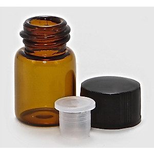 24, Amber, 2 ml (5/8 Dram) Glass Bottles, with Orifice Reducers and Black Caps