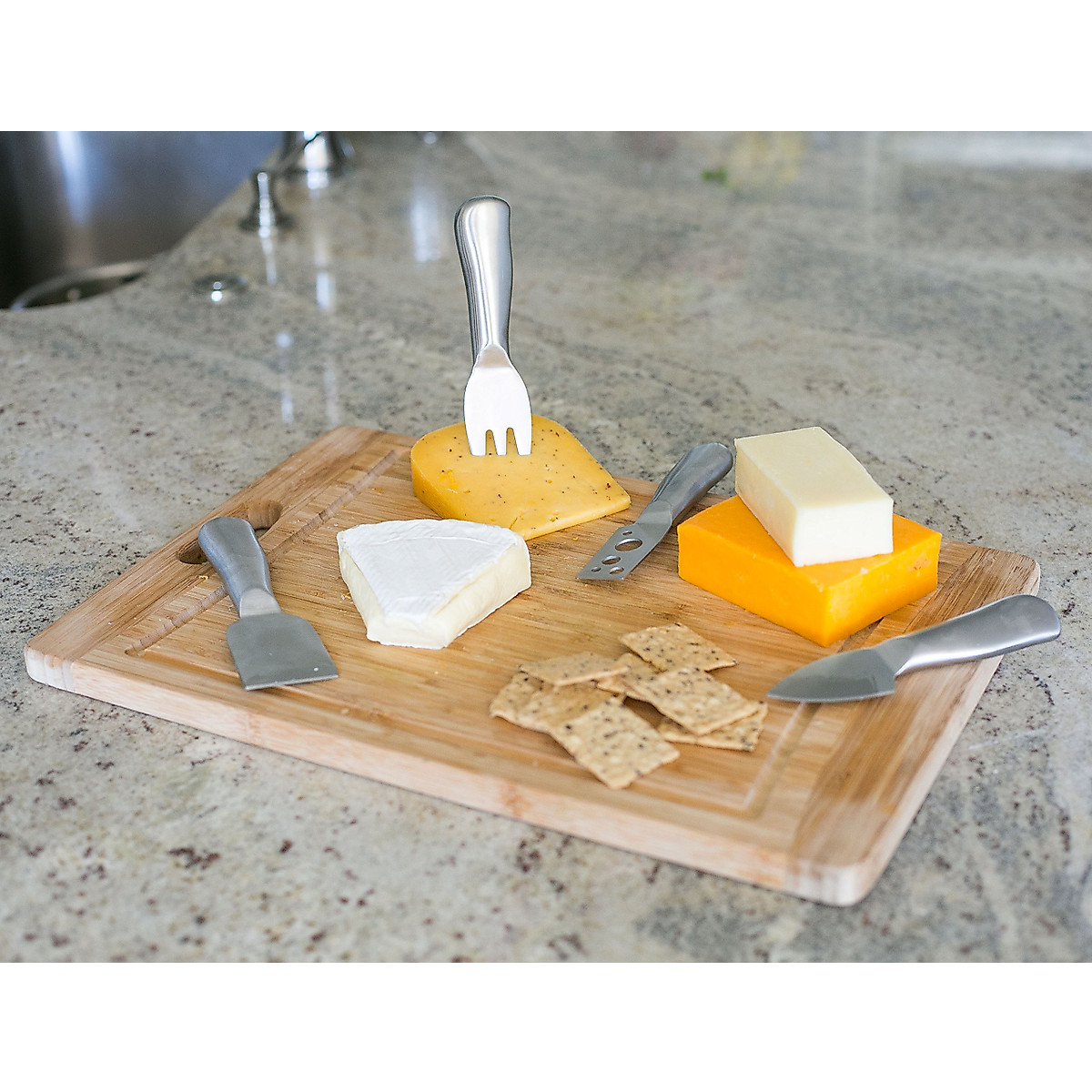 Internet's Best 4 Piece Stainless Steel Cheese Set - Slicer Cutter Knife Fork for Hard Soft Crumble Cheeses - Shaver Spreader Tools