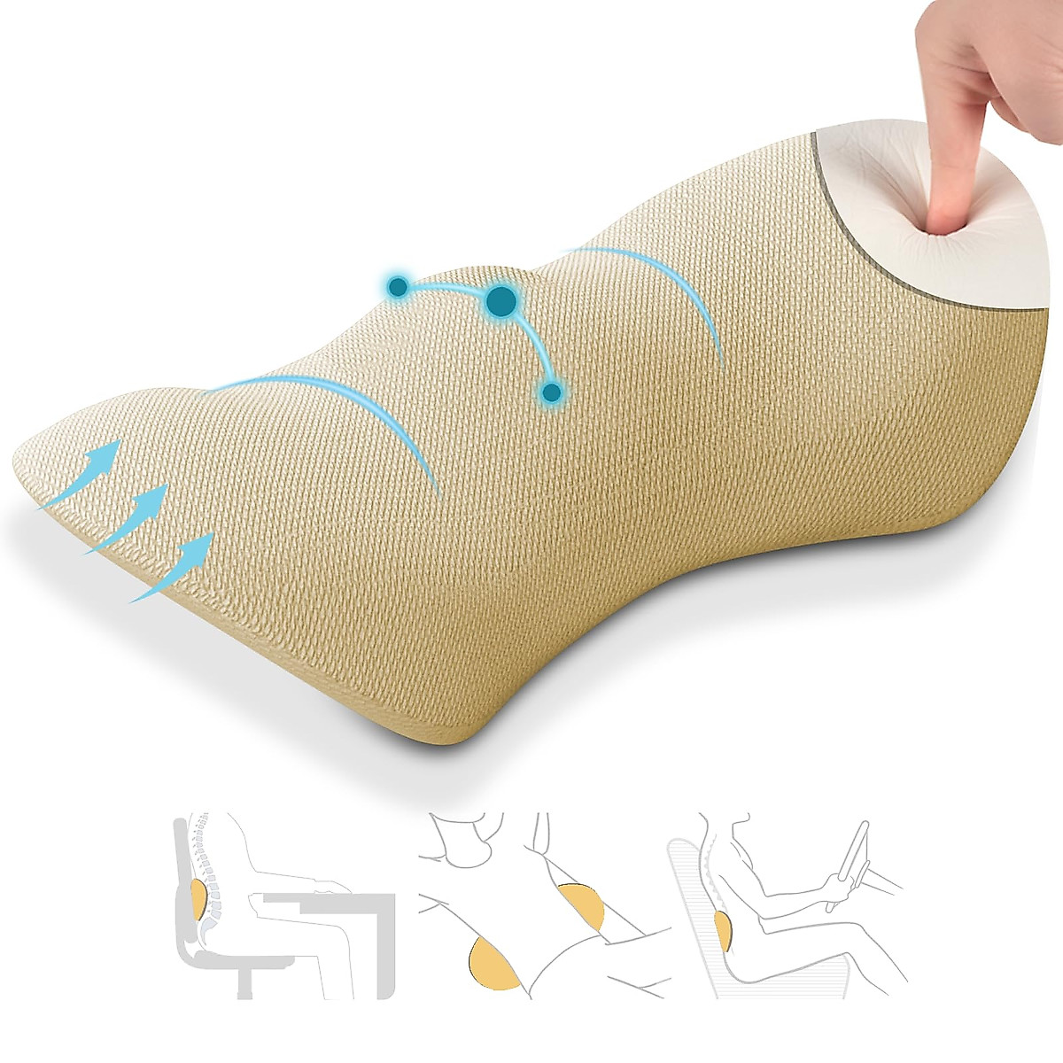 kasney Lumbar Support Pillow for Chair, Comfortable Low Back Pillow for Back Pain Relief Improve Posture, Ergonomic Streamline Neo Cushion for Car Seat, Office Chair, Recliner and Bed (Beige)