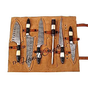 HandyCrafts Hk71 Damascus Chef knife set of 6 pieces Professional utility japanese style BBQ Steel with Black American wood and Camel Bone Leather Sheath Cover, HC71, Black/White, 11 x 3 x 2 inches