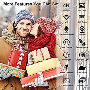 Camcorder Video Camera 4K, Video Camera Auto Focus Vlogging Camera for YouTube 64MP 60FPS WiFi Webcam 4" Touch Screen 18X Digital Zoom with Lens Hood, Stabilizer, Microphone, 64G SD Card, Fill Light