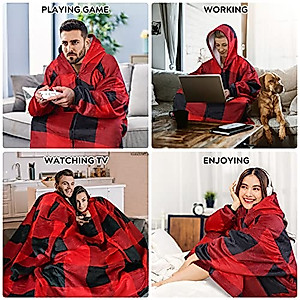 BALEINEHOME Oversized Wearable Blanket Hoodie, Thick Sherpa Fleece Super Warm Blanket Sweatshirt with Zippers and Giant Pocket, for Women and Men (Buffalo Check Red/Black, Zipper)