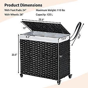 Giantex Laundry Hamper on Wheels, 3 Section 125L w/2 Liner Bags, Rattan Divided Laundry Sorter Clothes Basket w/Lid Handle for Bathroom (Black)