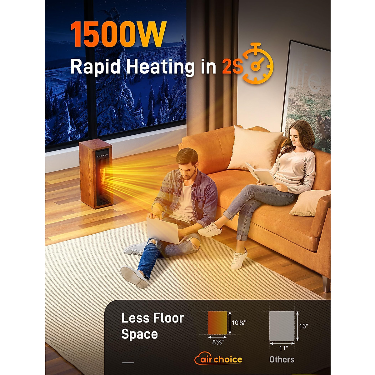 Air Choice Infrared Heater, 1500W Space Heater for Indoor Use with Thermostat, Remote, 3 Modes, 12H Timer, Fast Heating, Tip-over & Overheat Protection, Child Lock, Tower Heater for Bedroom, Office
