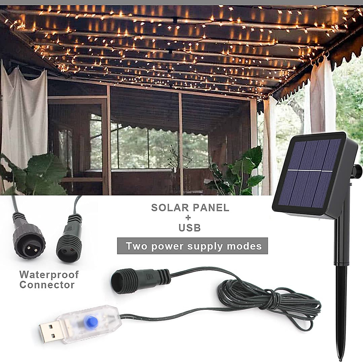 Benelet Solar Outdoor String Lights or USB Powered,Waterproof LED Globe Crystal Balls Decorative Lighting for Garden Home Party Wedding Christmas Decoration,50 LED,20 Free Curtain Clips (Warm White)