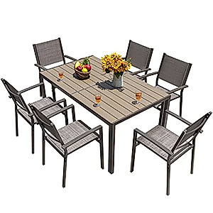 Homall 7 Pieces Patio Dining Set Outdoor Furniture with 6 Stackable Textilene Chairs and Large Table for Yard, Garden, Porch and Poolside (Grey)