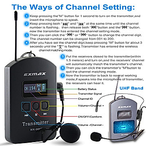 EXMAX EX-200N UHF Wireless Tour Guide System Hands-free Transmitter Receiver 200 Channels for Church Translation, City Museum Tour, Equestrian Training, hajj - 1 Transmitter & 6 Receivers