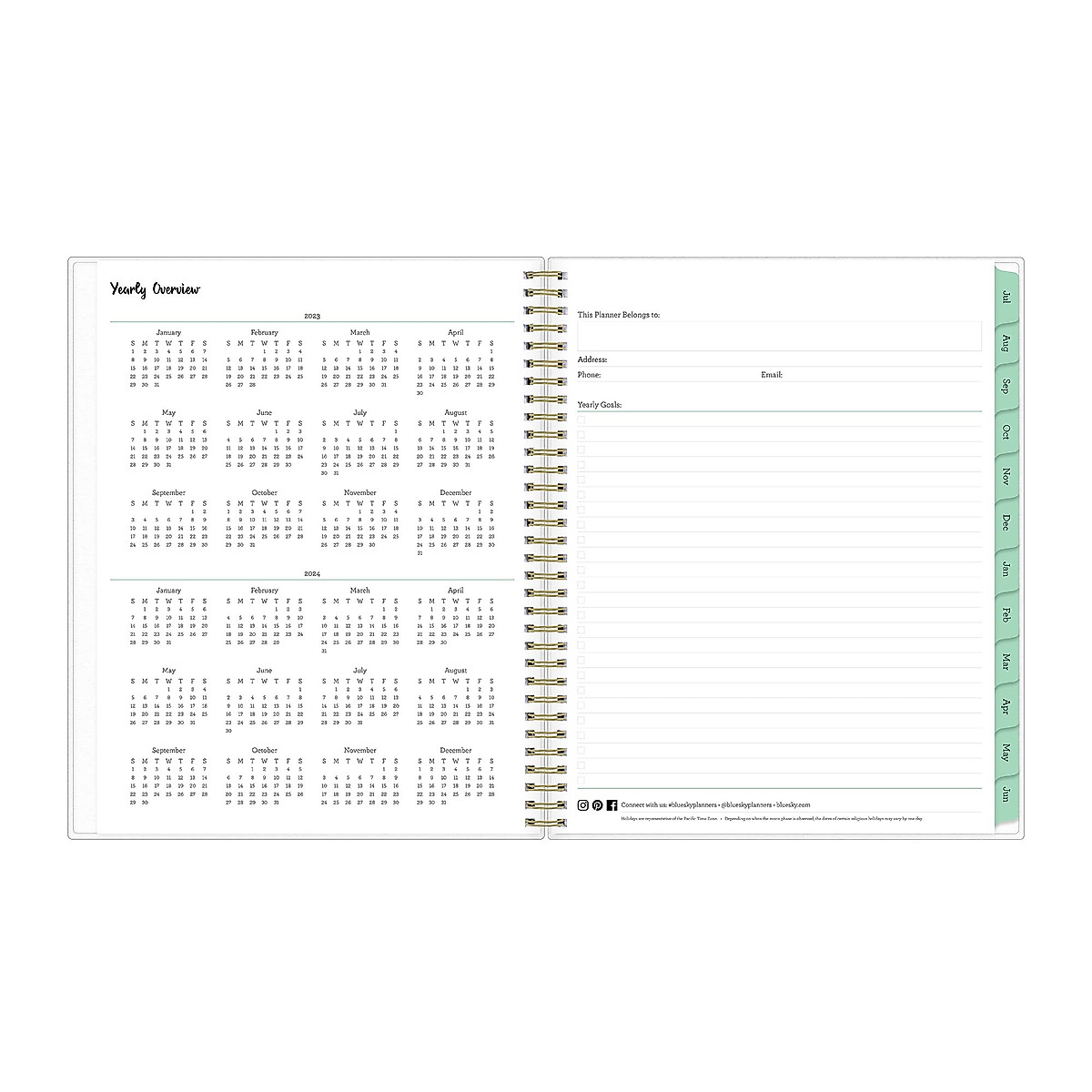 2023-2024 Blue Sky™ Laurel Frosted Polypropylene Weekly/Monthly Academic Planner, 8-1/2" x 11", Mint Green, July 2023 to
