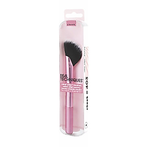 Real Techniques Cheek Rebel Edge Medium Blush & Highlighter Brush, For Loose Blush or Face Highlighter, Fan Makeup Brush, Aluminium, Pink, 1 Count