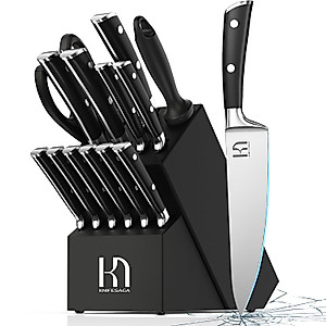 KnifeSaga Kitchen Knife Set, 15 Pcs Knife Block Set, Japanese Knife Sets for Kitchen with Block and Sharpener, Razor-Sharp Premium Knives Sets High Carbon Stainless Steel, Black
