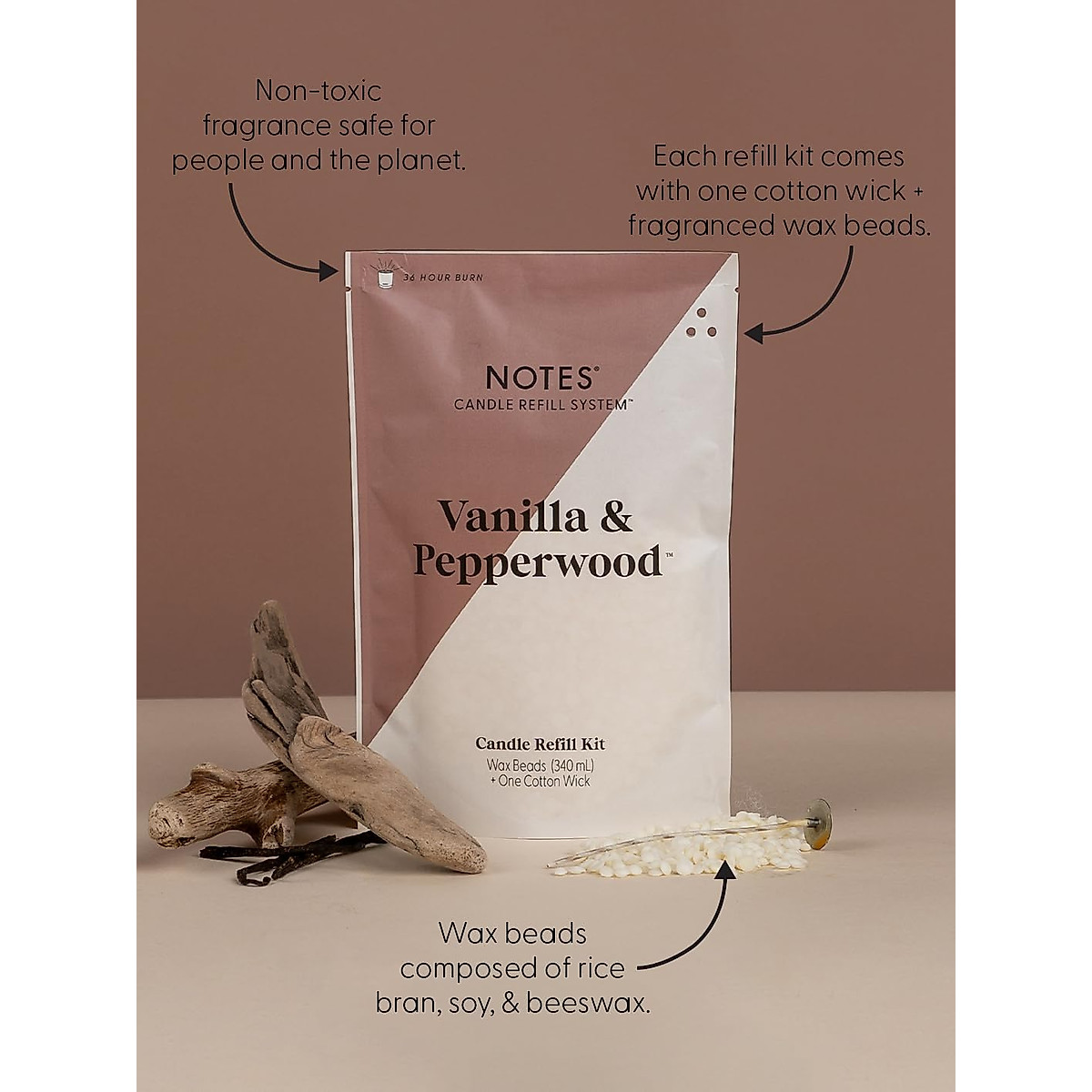 NOTES Sustainable Candle Refill | Non-Toxic Fragrance, Natural Wax Beads (Beeswax, Rice bran and Soy), Cotton Wick and Sustainer - (1) Vanilla & Pepperwood
