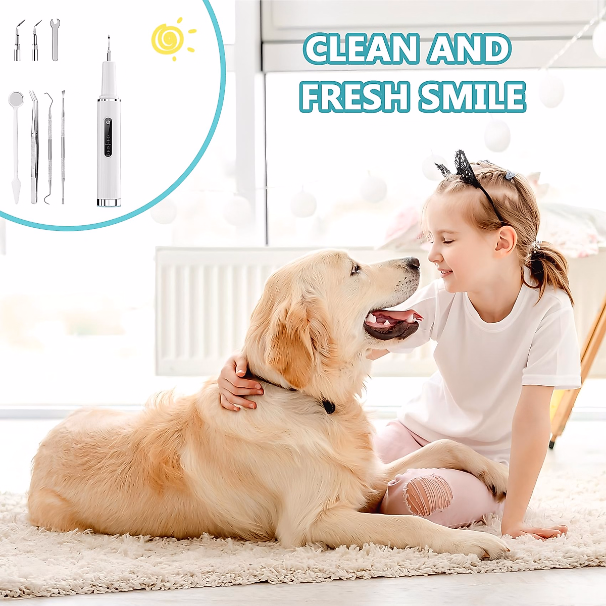 INCANDESCO Dog Plaque Remover for Teeth - Dog Teeth Cleaning kit - ultrasonic Plaque Remover for Dogs with LED Light & 6 Adjustable Modes Dog Tartar Remover for Teeth,Dog Dental Care (White, Large)