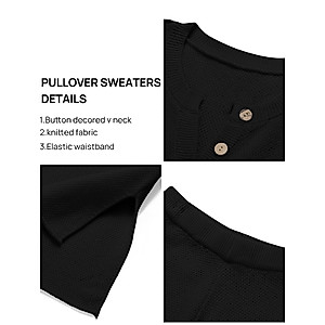 MEROKEETY Women's 2 Piece Outfit Sets Long Sleeve Button Knit Pullover Sweater and Pants Lounge Sets Black Large