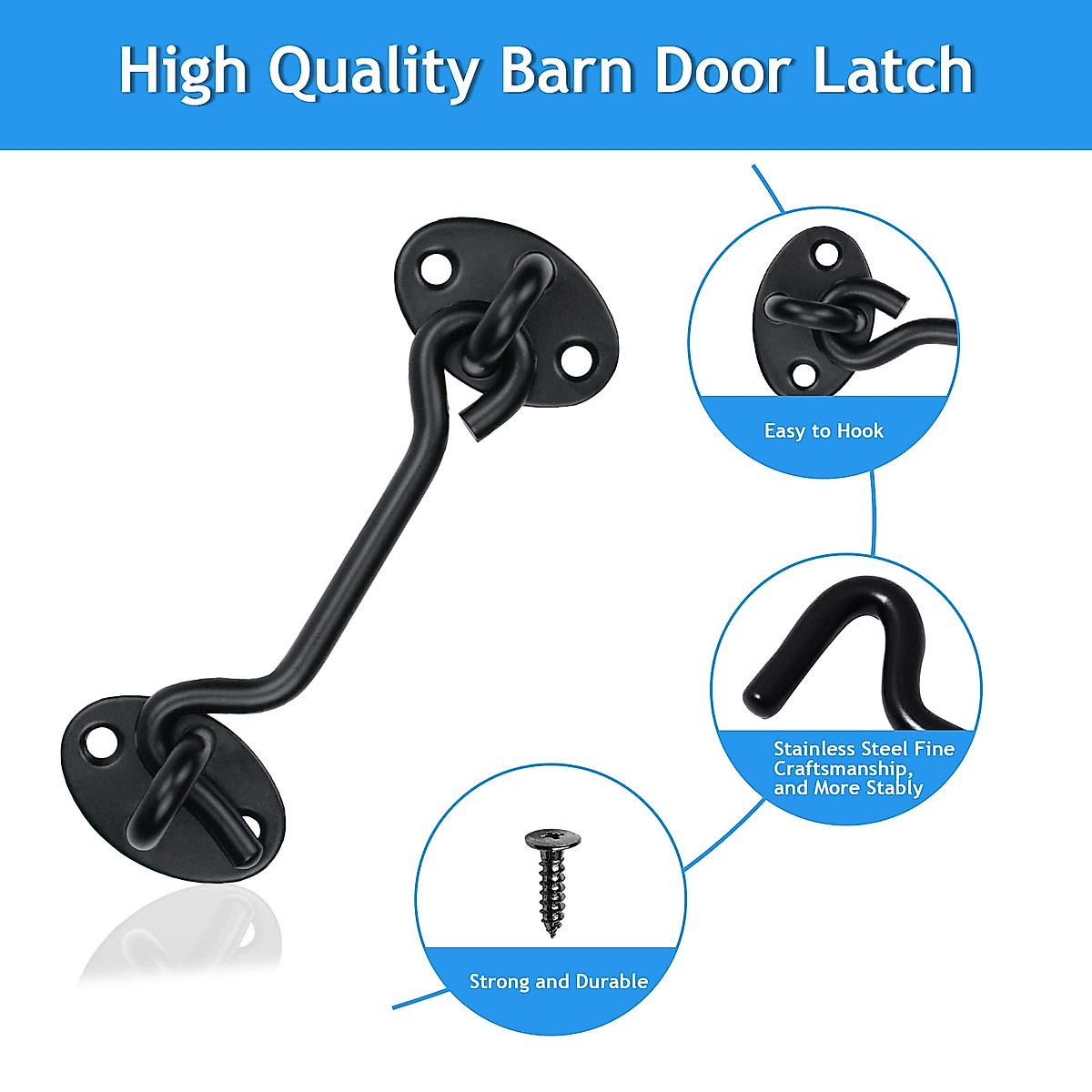2 Pack Black Hook Lock for Door, 4 Inch Barn Door Latch Hook and Eye Latch with Screws Barn Door Lock Gate Latches for Fence Outdoor Window Cabinet Bathroom
