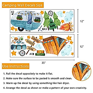 Yovkky Camping Tent Camper Kids Room Wall Decals Stickers, Neutral Outdoor Picnic RV Bonfire Nursery Playroom Decor, Pine Trees Cloud Stars Girls Boys Bedroom Home Classroom Decorations Art