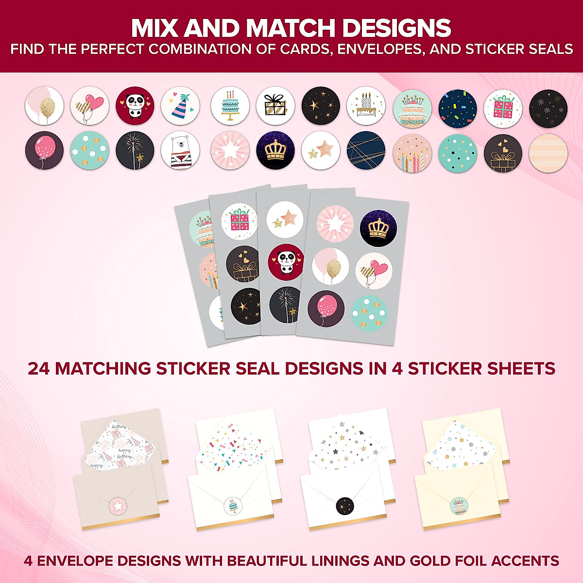 Decorably Assorted Cards with Envelopes & Stickers - 24 Pack Foiled and Glittery Box of Birthday Cards with Envelopes, Printed Message Inside Boxed Birthday Cards Assortment, 6x4 Birthday Card Pack