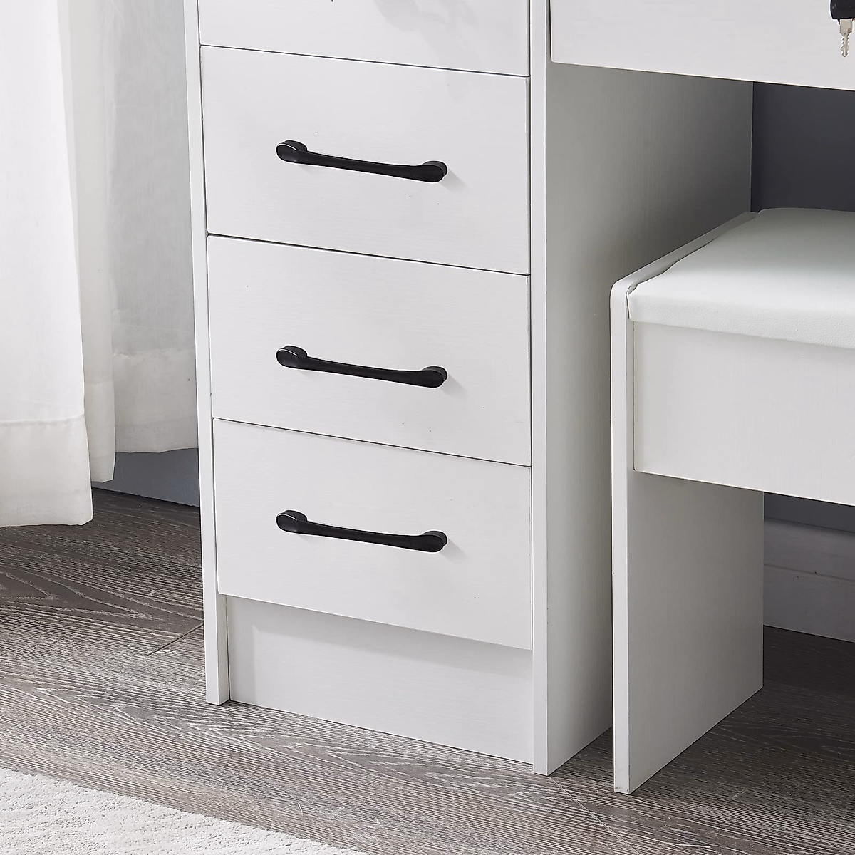 Kkonetoy White Vanity Desk with Lights, Makeup Desk Vanity Set with Sliding Mirror and 5 Drawers, Modern Makeup Vanity Dressing Table with Cushioned Stool for Girls Bedroom Dresser, 30560704LED