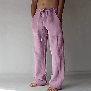 Men Pants Elastic Waistband Mens Lightweight Pants Casual Stylish Cotton Linen Loose Trouser Summer Drawstring Elastic Waist Beach Sweatpants Pink M