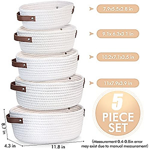 AmapleL Small Storage Basket Set of 5 with Handle, Cotton Natural Rope Baskets for Organizing, Woven Organizer Bins for Shelves, Bathroom, Bedroom, Living Room, Nursery (White)
