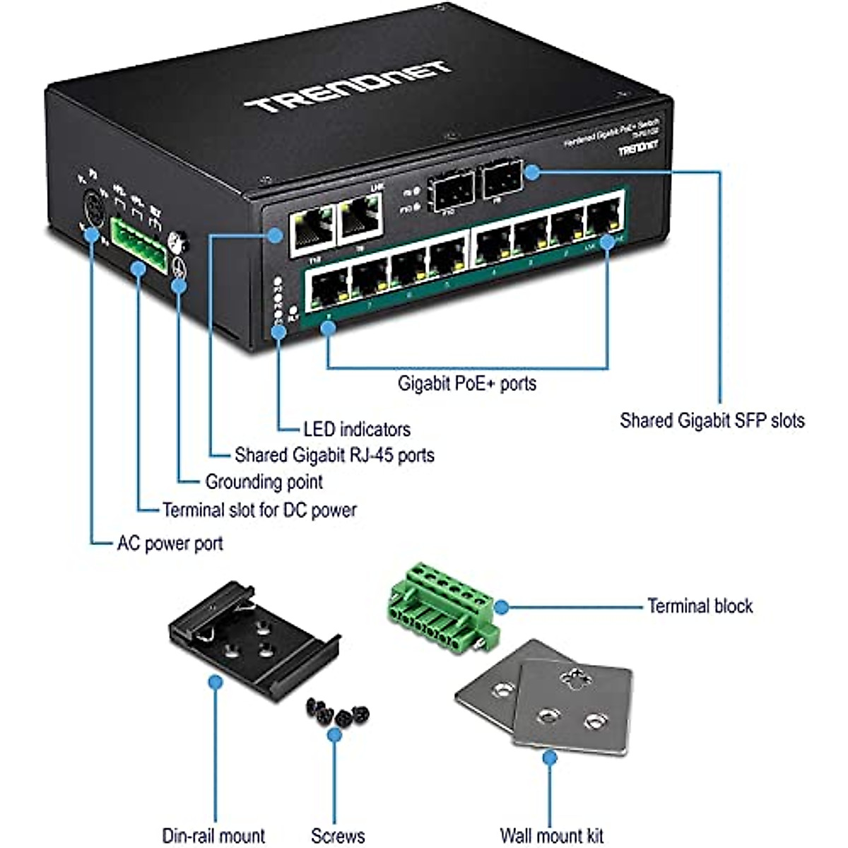 TRENDnet 10-Port Industrial Gigabit PoE+ DIN-Rail Switch, 8 x Gigabit PoE+ Ports, DIN-Rail Mount, 2 x SFP Slots, 240W PoE Power Budget, Network Switch, IP30, QoS, Lifetime Protection, Black, TI-PG102