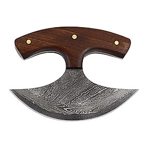 Hercules Knives Custom San Mai Damascus Steel Traditional Alaskan Ulu Knife Multi-Purpose Pizza Cutter, Vegetable Chopping, Boning Slicing Cutting Walnut Handle Leather Sheath (UL-05)
