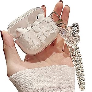 MINSCOSE Cute Airpod pro Clear Case with Keychain, Bling Glitter Butterfly Pattern Design Soft Silicone Smooth Shockproof Charging Case for Girls Women