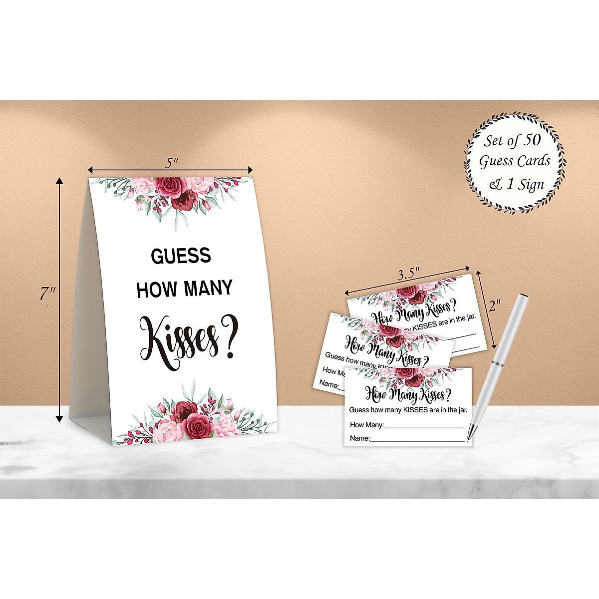 Floral Theme Guess How Many Kisses Bridal Shower Game,Wedding Shower,Bridal Shower Decorations,Popular Bridal Shower Games,Engagement Party Game,Set Including 1 Sign And 50 Guessing Cards-03