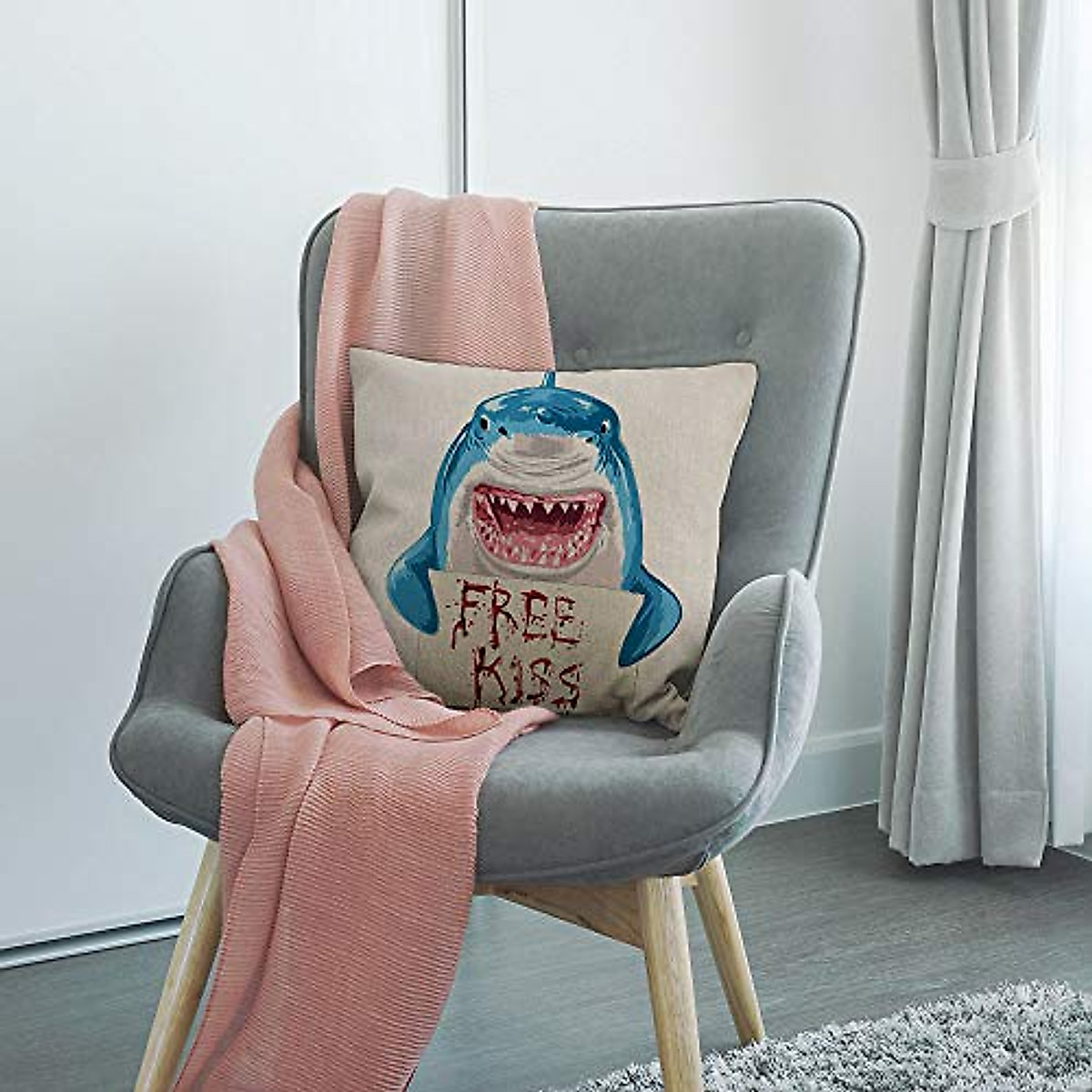 HGOD DESIGNS Shark Pillow Case,Funny Animal Blue Shark Holding Bloody Free Kiss Sign Cotton Linen Polyester Decorative Home Decor Sofa Couch Desk Chair Bedroom 16x16inch