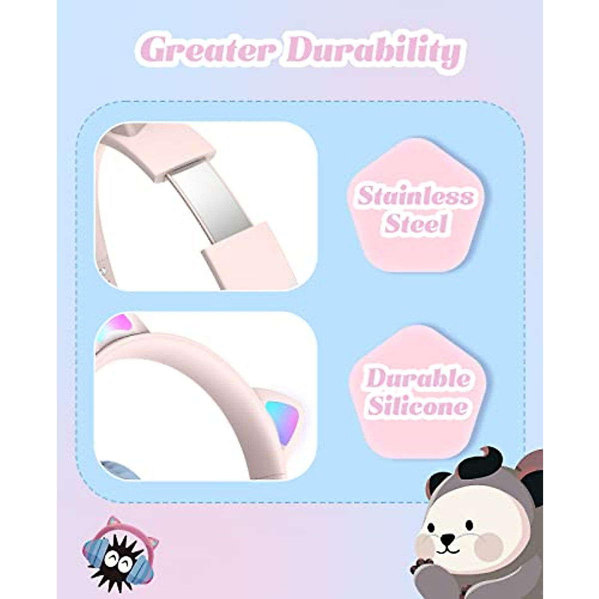 Bluetooth Headphones for Kids, Kid Odessey Cat Ears Wireless Kids Headphones, Bluetooth 5.3, 50H Playtime, 84/94dB Volume Limited, Colorful LED Lights, Built-in Mic Over-Ear Headsets for iPad/Tablet