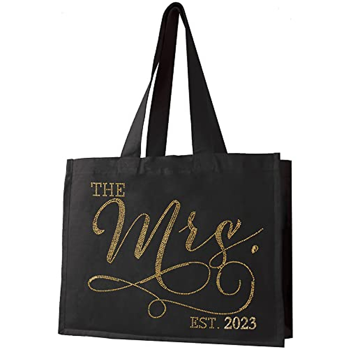 Honeymoon Gift for Bride - The Mrs. EST 2023 Black Gold Rhinestud Canvas Tote Bag - Gift for the Bride, Bridal Shower Tote(Mod 2023 GLD) BLK