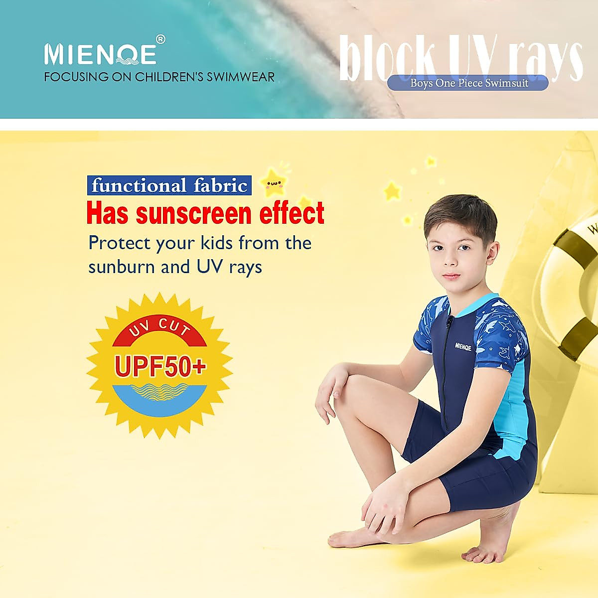 MIENOE Boys Swimsuit One Piece Kid Swimsuit Boys Water Sport Short Swimsuit UPF 50+ Sun Protection Bathing Suits (Size 10-12Years, Dark Blue)