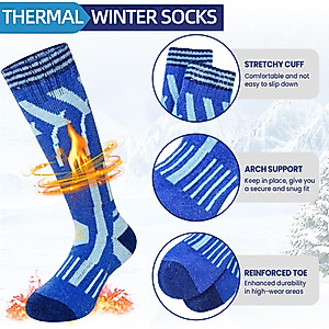 Kids Ski Socks Merino Wool Winter Warm Thermal Hiking Snowboarding Knee High Heavy Boot Socks for Toddler Boys Girls 2 Pairs(Grey/Blue, 4-7 Years)