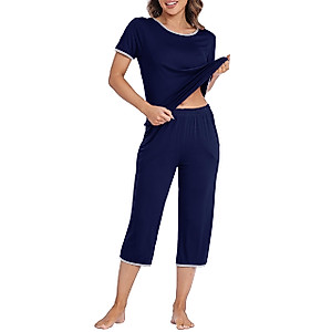 JINSHI Ladies Jammies Cooling Pj's Short Sleeve And Capri Pants with Pockets for Girlfriend Womens Pajamas Summer Navy S