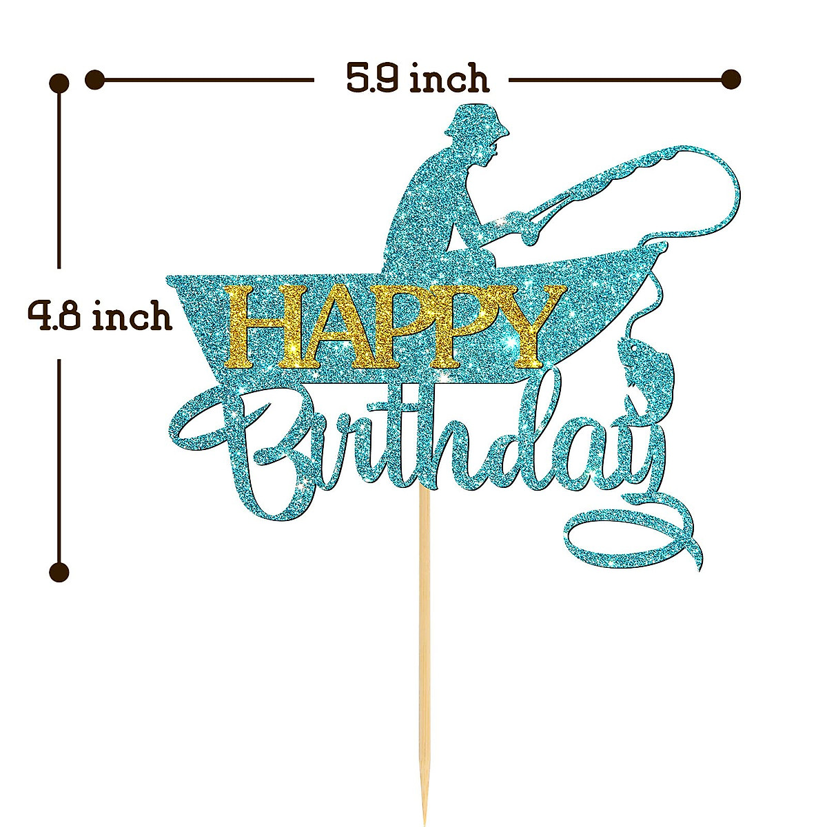Fisherman Happy Birthday Cake Topper, Glitter Happy 30th 40th 45th 50th 60th 70th Birthday Cake Decoration, Funny Fishing Fisherman Theme Party Supplies - Sky Blue&Golden