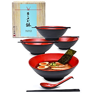 APEX S.K. 4 Sets 51 Ounce Large Japanese Ramen Noodle Soup Bowl Melamine Hard Plastic Dishware Ramen Bowl Set with Matching Spoon and Chopsticks for Udon Soba Pho Asian Noodles