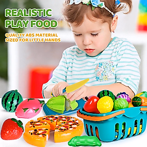 100 PCS Cutting Play Food Toy for Kids Kitchen, Pretend Food Toys for Toddlers, Play Kitchen Toys Accessories with 2 Baskets, Fake Food/Fruit/Vegetable, Birthday Gifts for 3 4 5 Years old Boys Girls