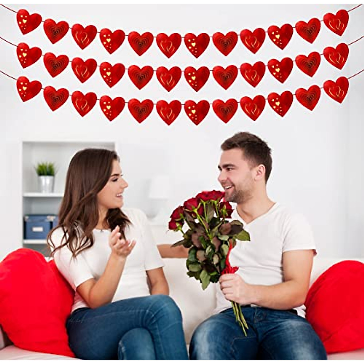 Easykart 36 Hearts Garland Red Gold Foiling Hearts Hanging String 3 Pack (Each 8.5ft) Anniversay Decorations Festival Birthday Home Windows Background Party Supplies