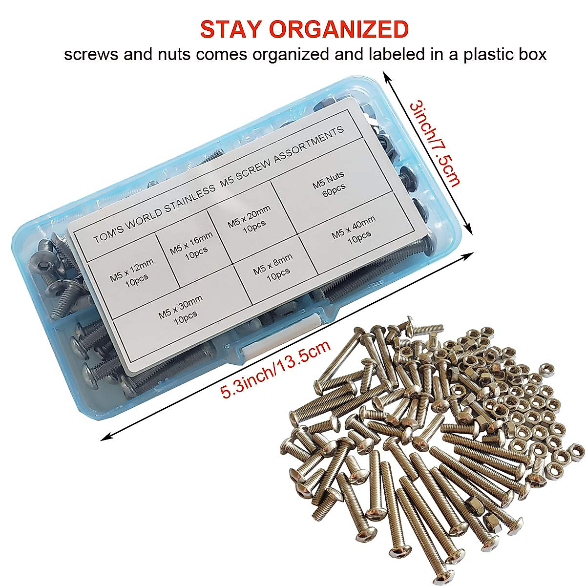 120Pcs M5 x 8mm,12mm,16mm,20mm,30mm,40mm Hex Socket Head Cap Bolts Nuts Screws Assortment Set 304 Stainless Steel Allen Socket Drive Machine Screws with Wrench (120PCS M5 Hex Screws Nuts)