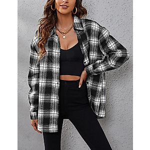 Ailoqing Plaid Shirts for Women Long Sleeve Button Down Flannel Shirts Buffalo Blouse Tops(Blackwhite-M)