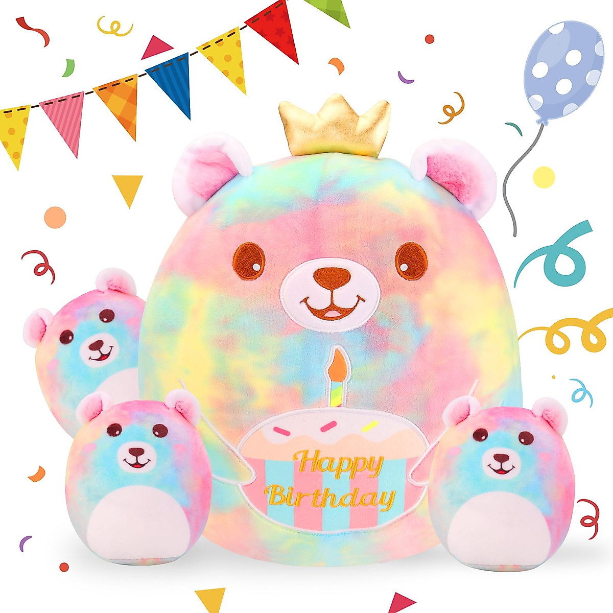 safolosha Birthday Bear Plush Pillow 12" Soft Bear Plush Toy Cute Bear Stuffed Animal with 3 Babies Bear Plushie Home Room Party Decoration Birthday Festival Prezzie for Kids Toddlers