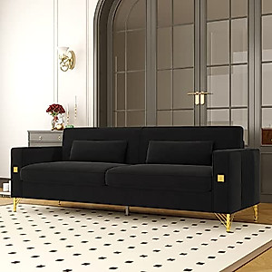 TUBAIHON 85" Black Velvet Couch Living Room Sofa for 3 People Modern Sofa with Gold Metal Lges & Firm Frame for Bedroom/Office