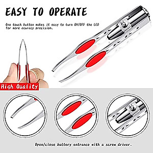 2 Pieces Tweezers with LED Light Hair Removal Lighted Tweezers Makeup Tweezers with Light for Women Precision Eyebrow Hair Removal Tweezers Stainless Steel Tweezers (Red)