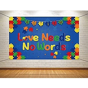 Nepnuser Love Needs No Words Photo Booth Backdrop Puzzle Piece April Autism Awareness Decoration Indoor Outdoor Wall Decor-5.9×3.6ft