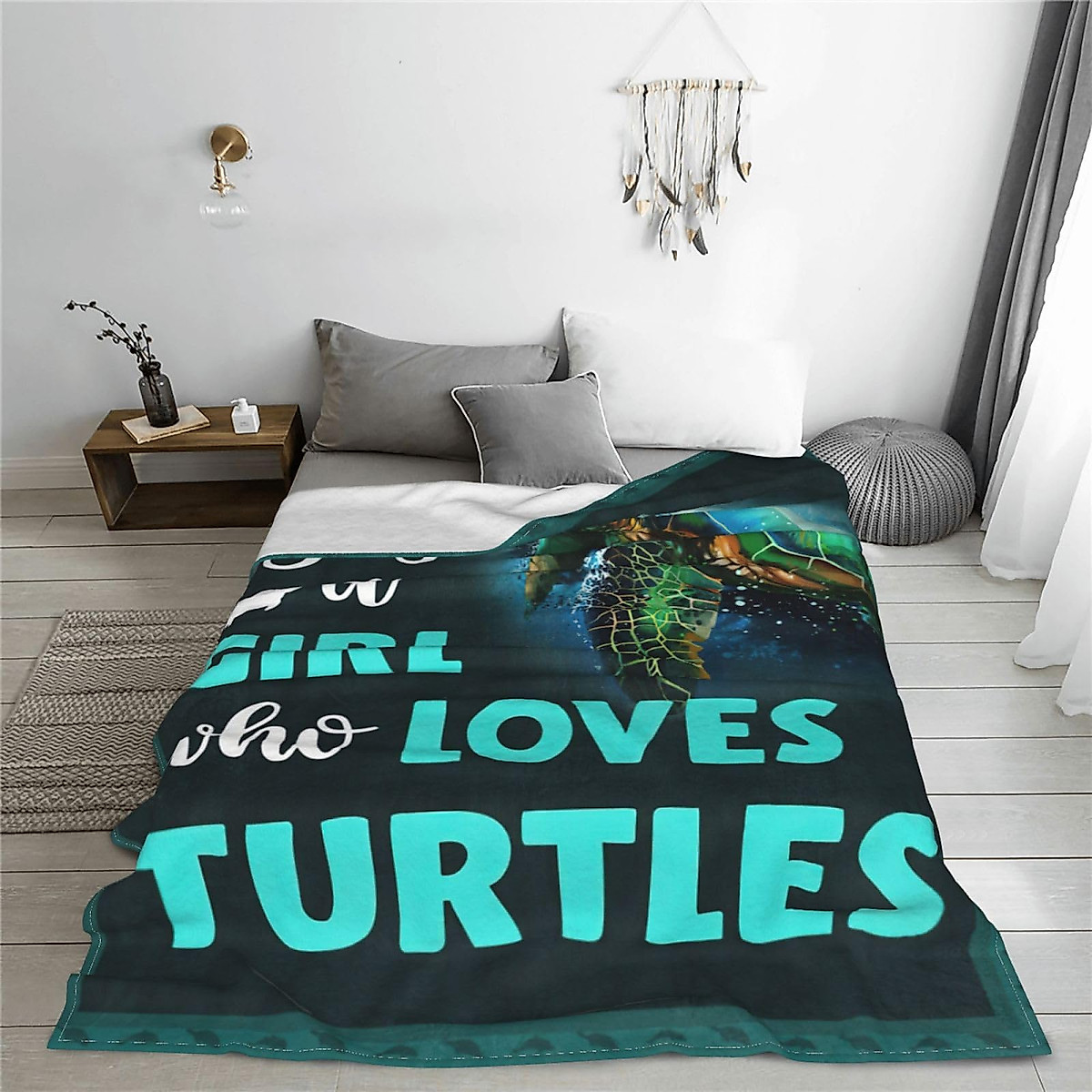 Just A Girl Who Loves Turtles Blanket Teal Sea Turtle Decor Throw Blanket Gifts for Girls Boys Super Warm Soft Plush Lightweight Fleece Flannel Blanket Bedding Blanket for Kids Adults Women 60"X50"